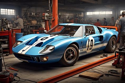Premium Photo Ford Gt40 In Racing Pit With Hydraulic Jack Mecanics