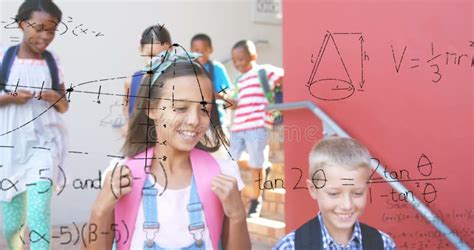 Animation Of Math Formulas Over Diverse Pupils Walking On School