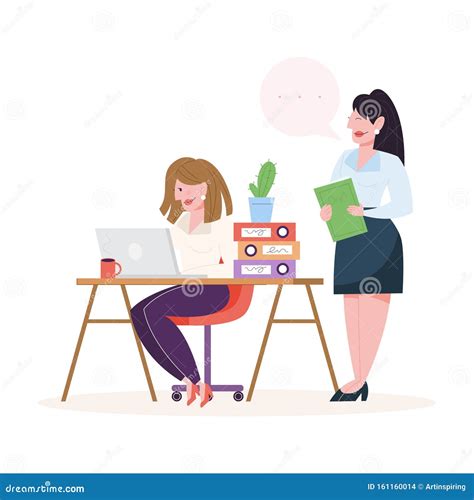 Young Woman Sitting At The Desk And Working On Computer Stock Vector