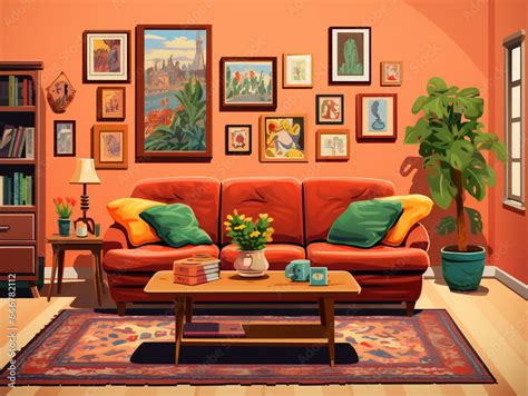 An Illustration Of A 90s Sitcom Living Room Set With Iconic Furnishings Stock Illustration