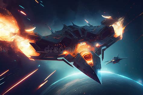 Futuristic Spaceship Under Attack From Enemy Forces With Lasers And