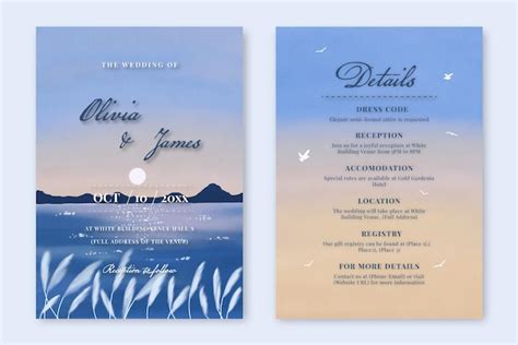 웨딩 초대 카드 디자인 템플릿 수채화 파란 바다와 해가 지는 하늘 프리미엄 벡터