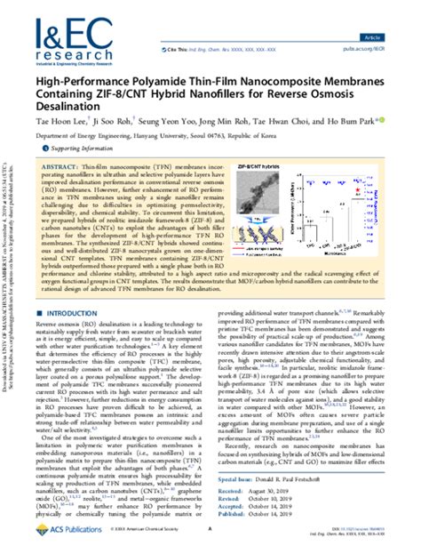 Pdf High Performance Polyamide Thin Film Nanocomposite Reverse Osmosis Membranes Containing