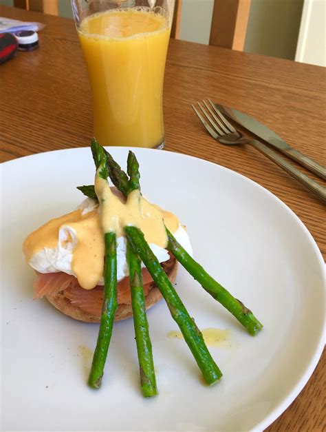 Eggs Benedict With Roasted Asparagus And Peat And Heather Smoked Salmon