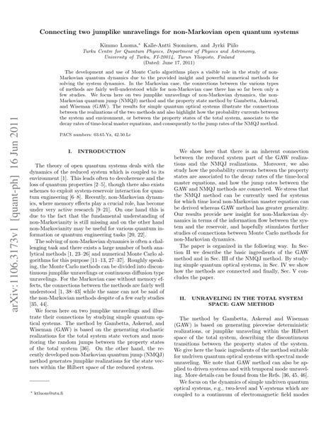 Pdf Connecting Two Jumplike Unravelings For Non Markovian Open Quantum Systems