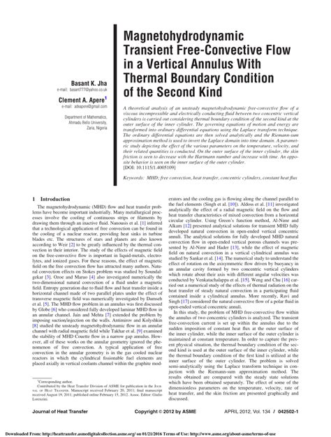 Pdf Magnetohydrodynamic Transient Free Convective Flow In A Vertical Annulus With Thermal