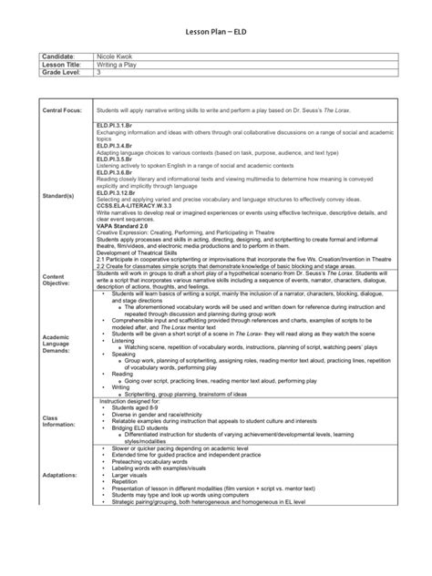 Lesson Plan Eld Pdf Lesson Plan Mentorship