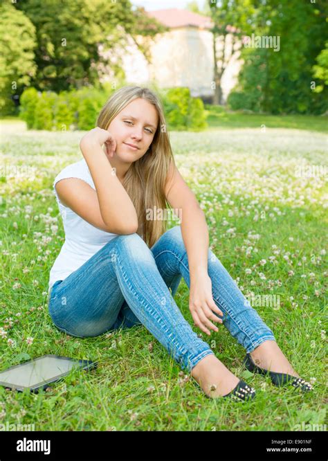 Girl With A Digital Tablet Stock Photo Alamy