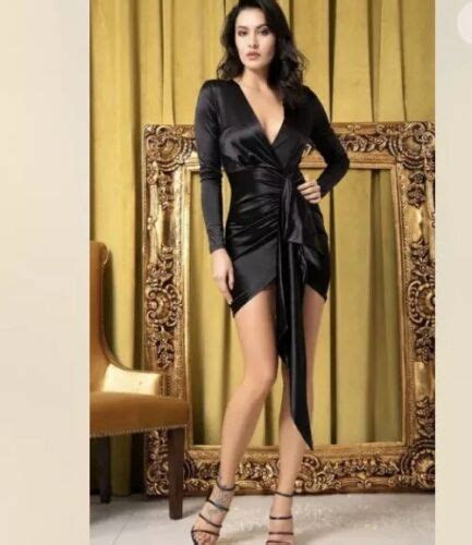 Womens Long Sleeve V Neck Ruched Sexy Bodycon Mini Dress Black Shimmer