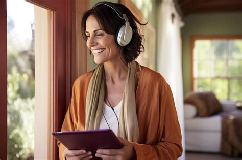 Premium AI Image Middleaged Blonde Woman Headphones Tablet At Country