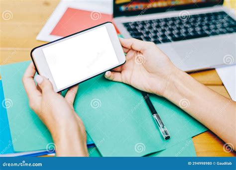 Womanand X27s Hands Updating Profile On Blank Display Of Digital Mobile