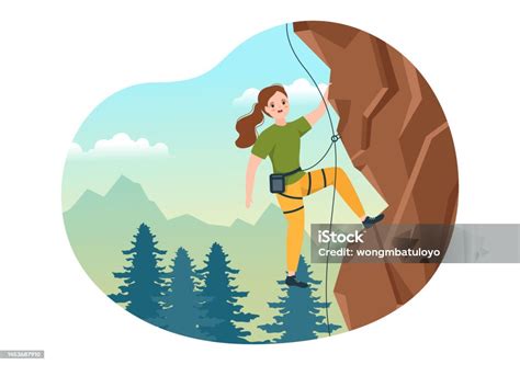 등반가가 암벽 또는 산 절벽을 오르는 절벽 등반 그림과 평평한 만화 손으로 그린 템플릿의 극한 활동 스포츠 암벽 등반에 대한 스톡 벡터 아트 및 기타 이미지 Istock