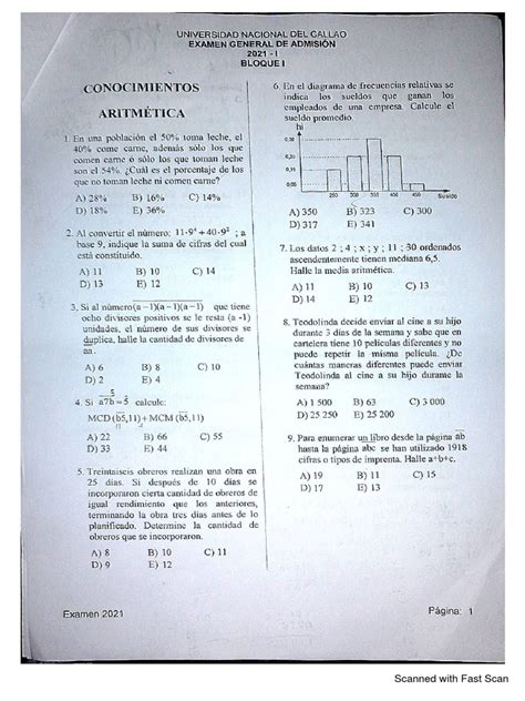 Unac 2021 Examen De Admision Blo 1 Pdf