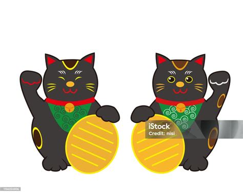 행운의 검은 고양이 앉아 황금 동전을 들고 귀여운 만화 캐릭터 일본의 행운의 고양이 마네키 네코 검은 고양이 검은색에 대한 스톡