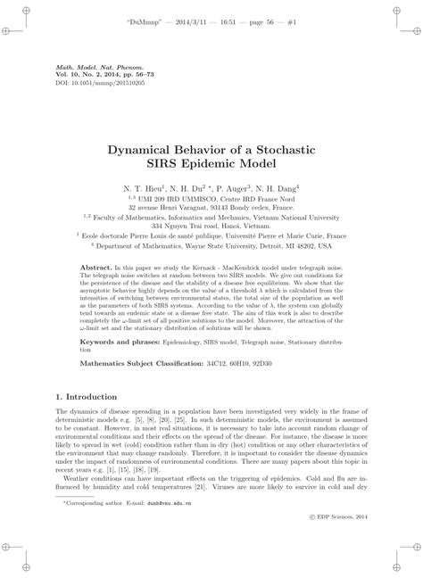 Pdf Dynamical Behavior Of A Stochastic Sirs Epidemic Model