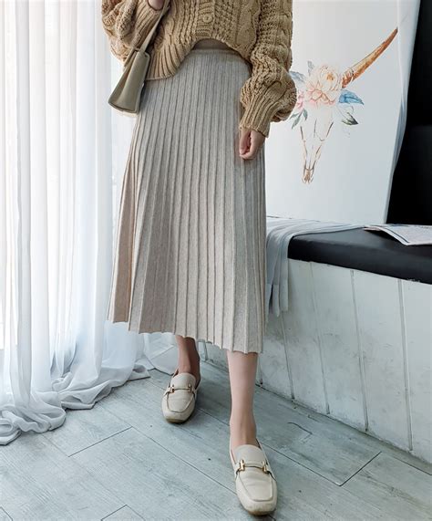 Xsfree 허리잘록 포근한니트 플리츠 키작녀롱스커트 에이블리