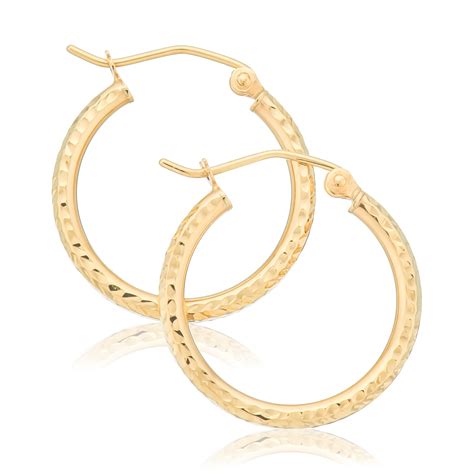 9ct Yellow Gold With Round 2x20mm Diamond Cut Hoop Earrings Zamels