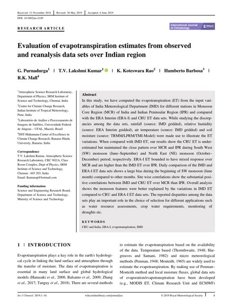 Pdf Evaluation Of Evapotranspiration Estimates From Observed And
