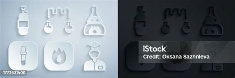 화염 시험관 플라스크에 불을 붙이고 피펫 실험실 조교 그리고 프로판 가스 탱크 아이콘을 설정합니다 벡터 3차원 형태에 대한 스톡 벡터 아트 및 기타 이미지 Istock