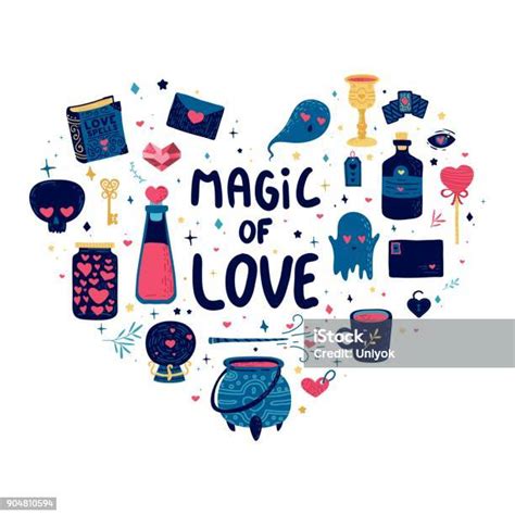 귀여운 마법의 요소 서식 파일 디자인 패턴입니다 심장 모양 해피 발렌타인의 날에 대 한 인쇄입니다 사랑 마법에 대 한 마법사 제품 포스터입니다 직물 또는 T셔츠에 대 한