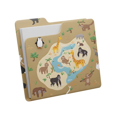 A Tan Folder Features Various Animals And Includes A Penguin Clip