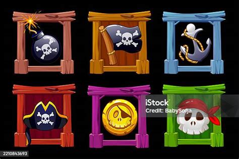 해적 상징 폭탄 닻 두개골 깃발 모자 및 동전 나무 테두리에 있는 해적 아이콘 집합입니다 게임 또는 슬롯을 위한 만화 아이콘 1위에 대한 스톡 벡터 아트 및 기타 이미지