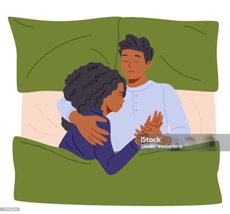 현대적인 침실에서 담요 아래에서 껴안고 함께 자는 젊은 커플 침대에서 잠든 남자와 여자 침대에 대한 스톡 벡터 아트 및 기타 이미지 침대 커플 잠자기 Istock