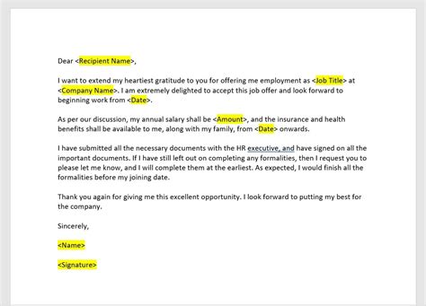 Job Offer Acceptance Letter Job Offer Acceptance Template Letter Job