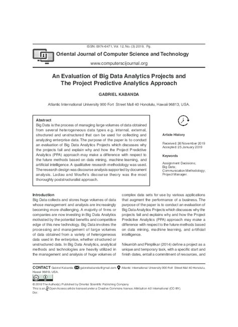 Pdf An Evaluation Of Big Data Analytics Projects And The Project Predictive Analytics Approach