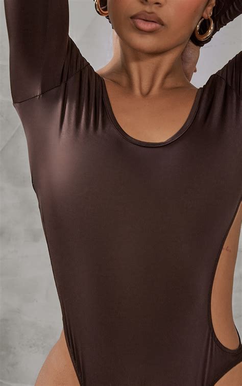 Chocolate Slinky Cut Out Side Long Sleeve Bodysuit Tops