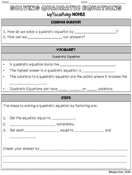 Solving Quadratic Equations By Factoring Guided Notes By We HART Algebra