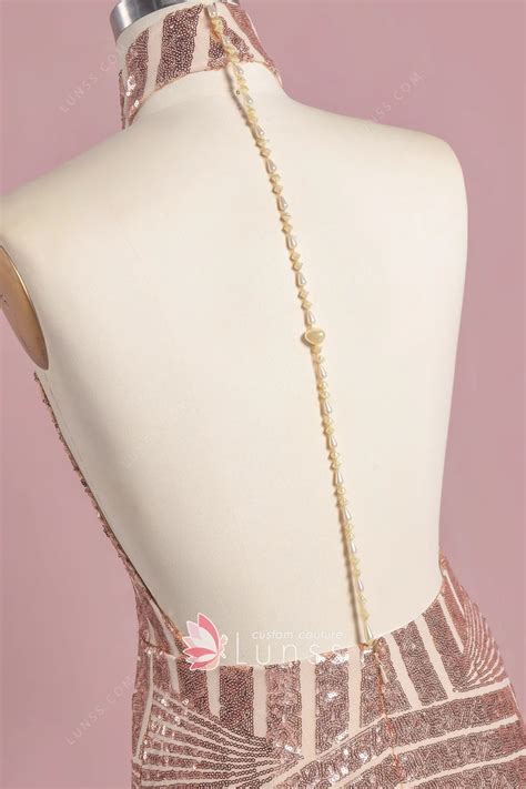 Sexy Cut Out Rose Gold Sequin Mermaid Prom Dress Lunss