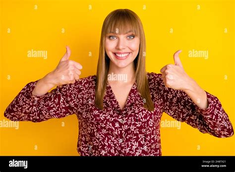 Photo Of Young Attractive Woman Happy Positive Smile Show Thumb Up