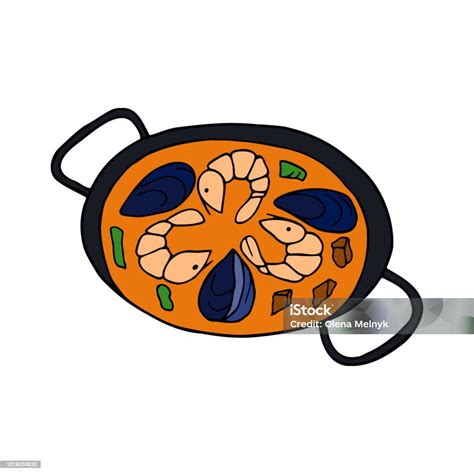 벡터 손으로 그린 빠에야 스페인 요리 메뉴 카페 비스트로 레스토랑 라벨 및 포장을 위한 스케치 요소를 디자인합니다 흰색 배경에 화려한 그림 파엘랴에 대한 스톡 벡터 아트 및