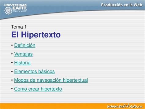 PPT Tema 1 El Hipertexto Definición Ventajas Historia Elementos