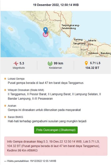 Gempa Bumi Berkekuatan Magnitudo 53 Guncang Lampung Siang Ini