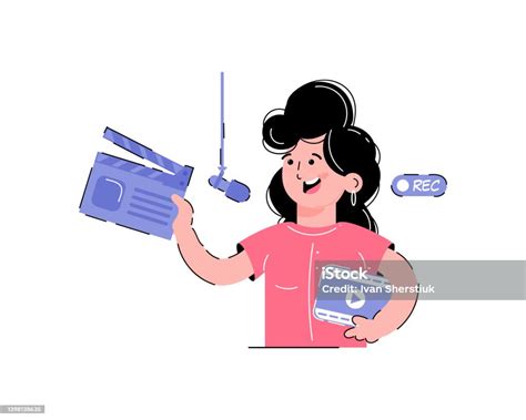 소녀 블로거는 손에 영화 클래퍼 보드를 들고 있습니다 온라인 블로깅 개념 흰색 배경에 고립되어 있습니다 트렌디 한 플랫 벡터