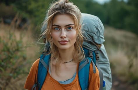 Premium Photo Cute Young Woman Camping Outdoors While Holding A Backpack