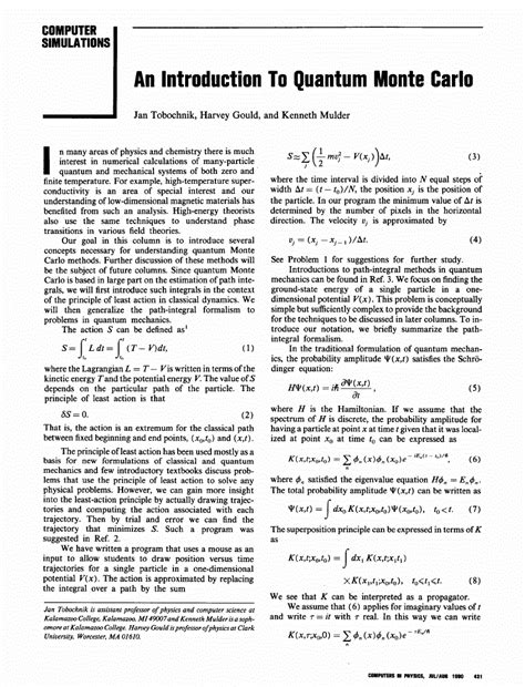 An Introduction To Quantum Monte Carlo Computer In Physics Aip Publishing