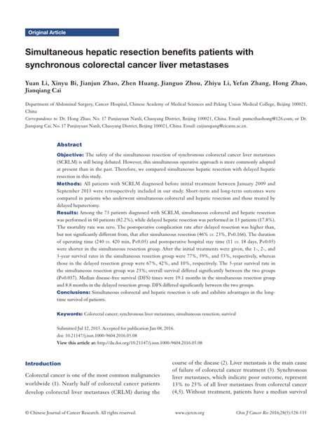 Pdf Simultaneous Hepatic Resection Benefits Patients With Synchronous Colorectal Cancer Liver