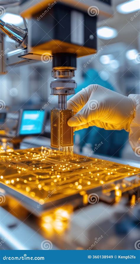 Glowing Circuit Board With Central Illuminated Ring And Data Flow Stock