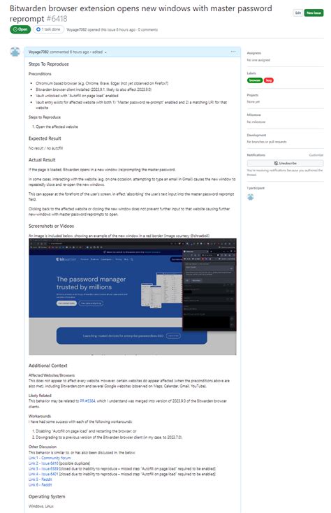 bitwarden automatically opens a window on each website with a master