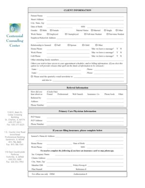 Fillable Online Intake Forms Centennial Counseling Center Fax Email
