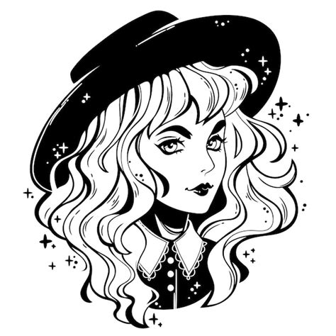Retrato De Linda Chica Gótica Con Sombrero Y Cabello Rizado Vector