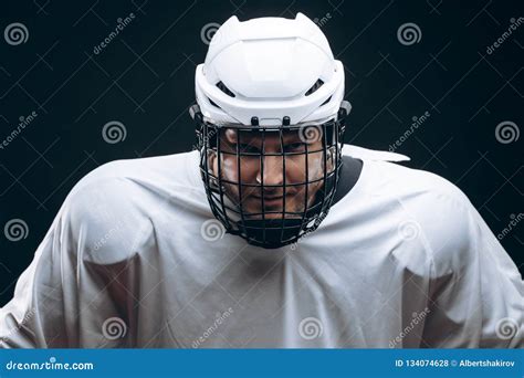 Handsome Hockey Player Smiling At Camera Isolated On Black Background Stock Photo Image Of