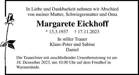 Traueranzeigen Von Margarete Eickhoff Trauer Anzeigende