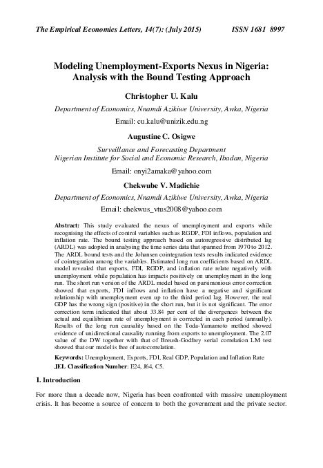 Pdf Modeling Unemployment Exports Nexus In Nigeria Analysis With The Bound Testing Approach