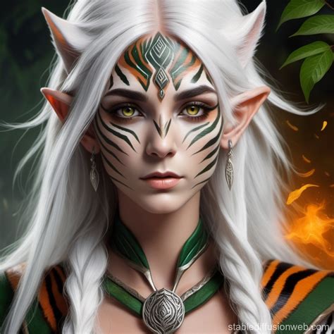 Tiger Striped Elf Druid With White Hair Stable Diffusion Online