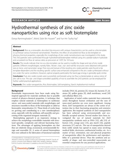 Hydrothermal Synthesis Of Zinc Oxide Nanoparticles Using Rice As Soft