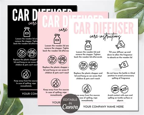 Car Diffuser Care Card Printable Car Diffuser Care Guide Editable Car Diffuser Packaging